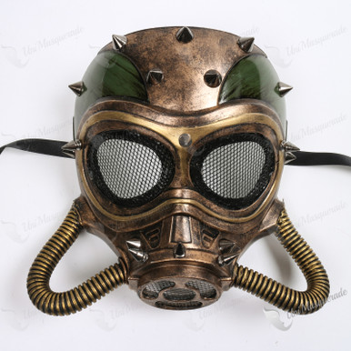 Steampunk Cyborg Dual Hoses Respirator Gas Spike Masquerade Mask Gold