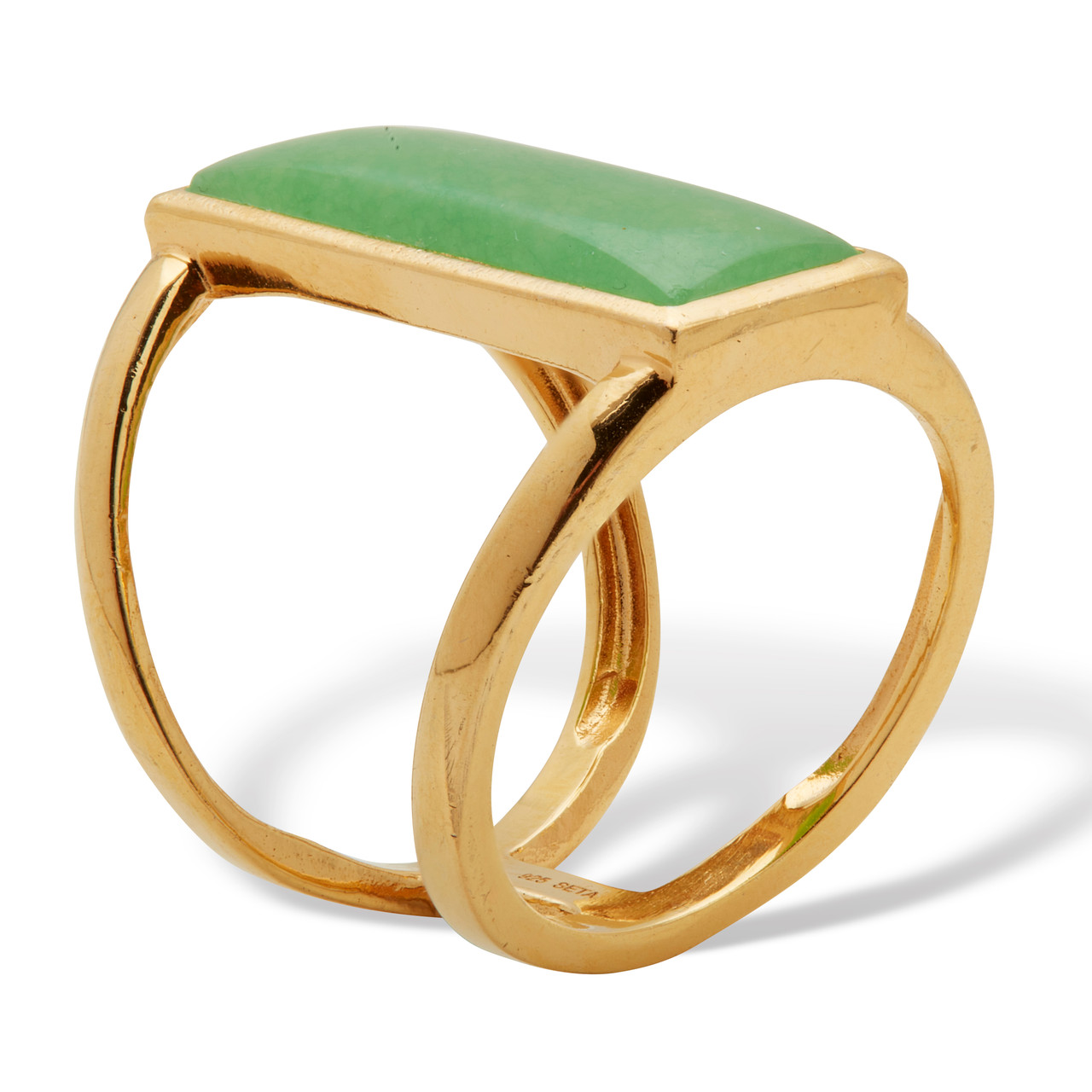 Emerald Cut Genuine Jade Bezel Set Cabachon Ring in 18k Gold-plated ...