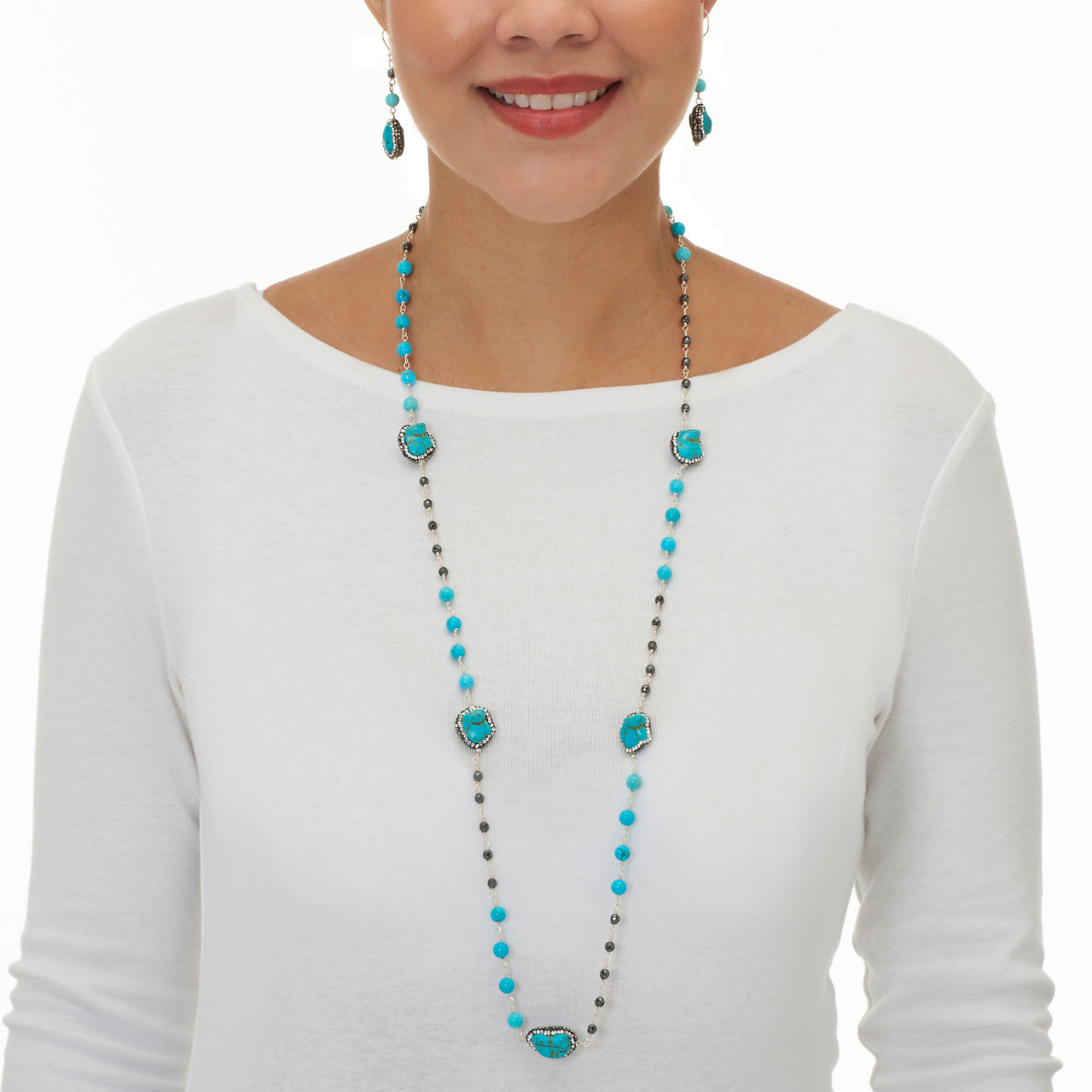 Genuine and Simulated Turquoise Silvertone Necklace Set 36-inch ...