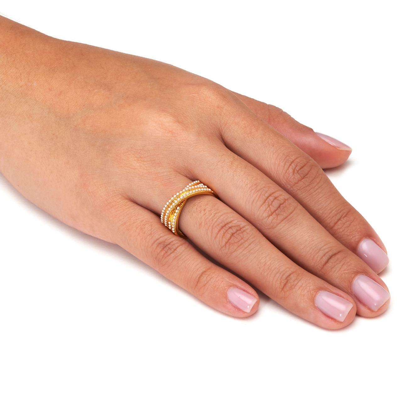 14K Gold-Plated Crossover Pave Pearl Ring - PalmBeach Jewelry