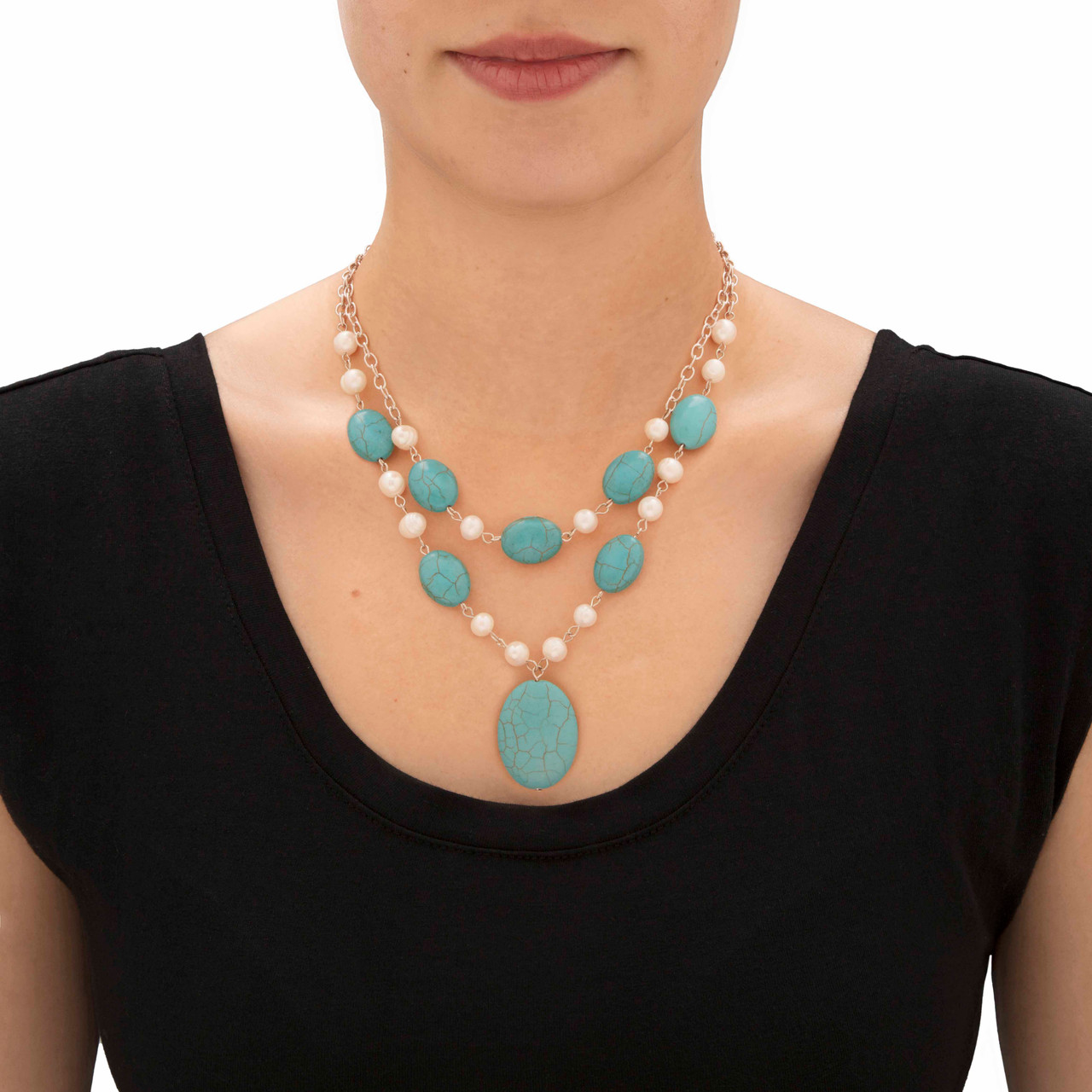 Genuine Turquoise and Cultured Freshwater Pearl Silvertone Necklace and ...