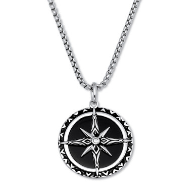Round Genuine Black Onyx and Spinel Silvertone Compass Pendant Necklace ...