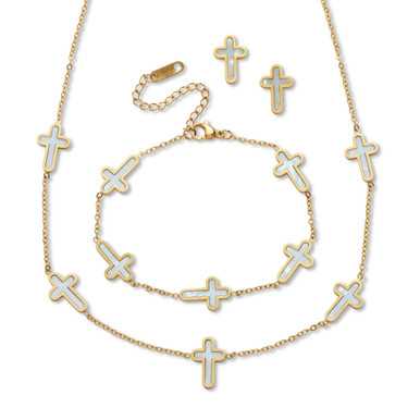 Genuine Mother of Pearl Yellow Gold Ion-Plated Stainless Steel Cross ...