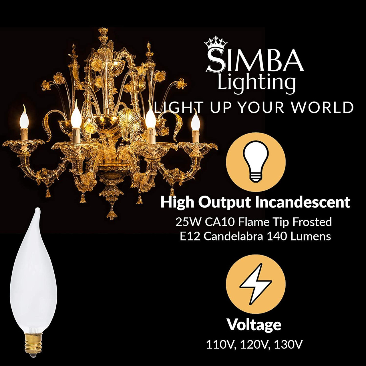 Simba Lighting® Candelabra Flame Tip Frosted CA10 25W E12 Base Light ...