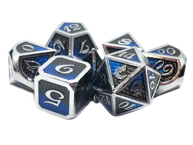 Old School 7 Piece DnD RPG Metal Dice Set: Dragon Scale - Black & Blue ...