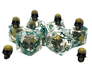 Old School 7 Piece DnD RPG Dice Set: Infused - Skull Yellow w/ Teal ...
