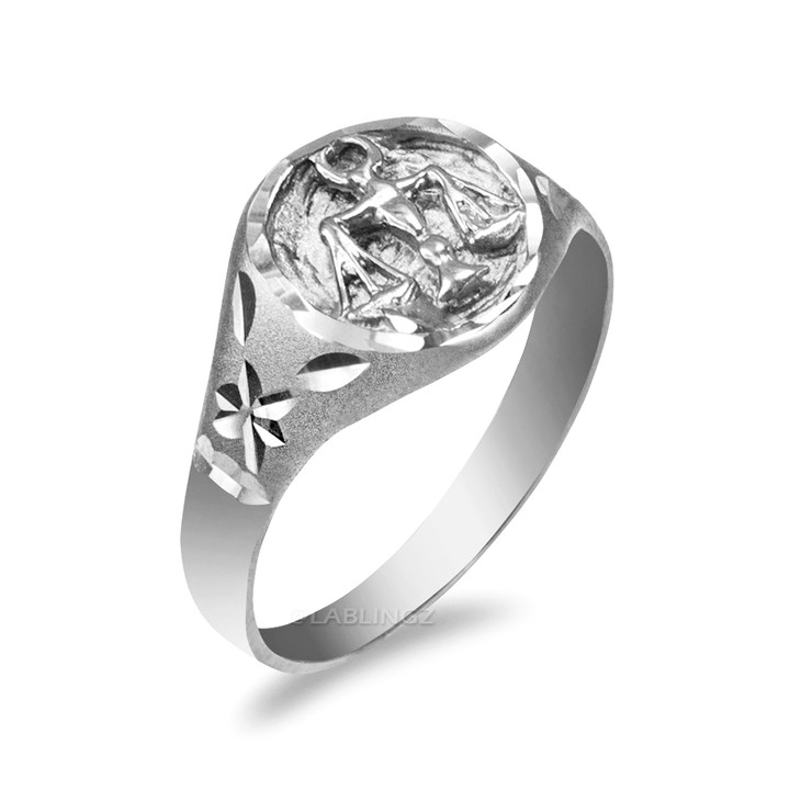 Satin Finished Sterling Silver Diamond-Cut Band Libra (Scale) Ladies ...