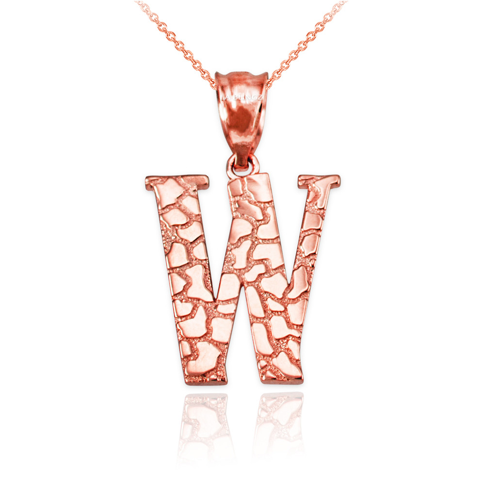 Rose Gold Nugget Initial Letter "W" Pendant Necklace