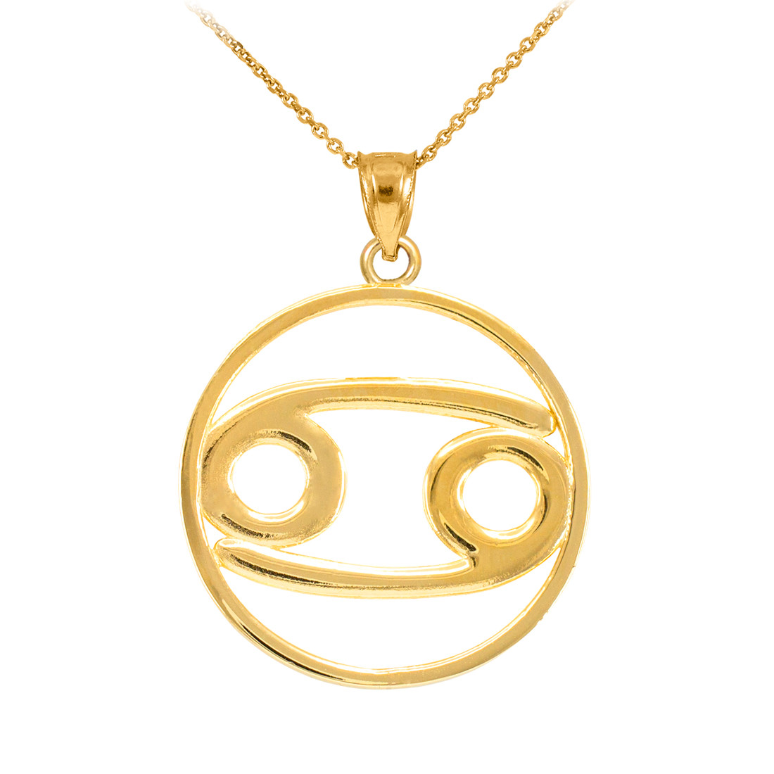 Yellow Gold Cancer Zodiac Sign Round Pendant Necklace