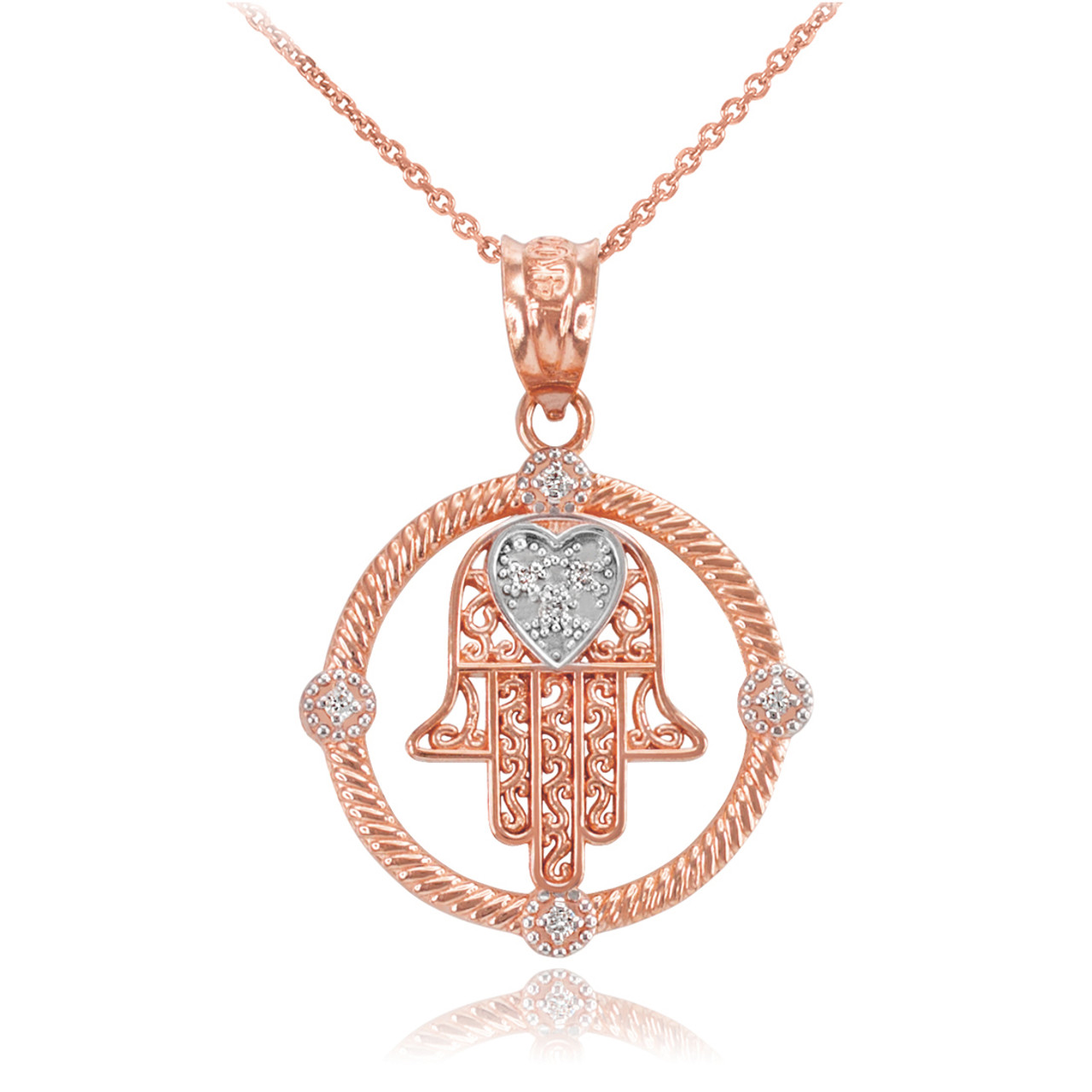 Rose Gold Hamsa Filigree Diamond Pendant Necklace