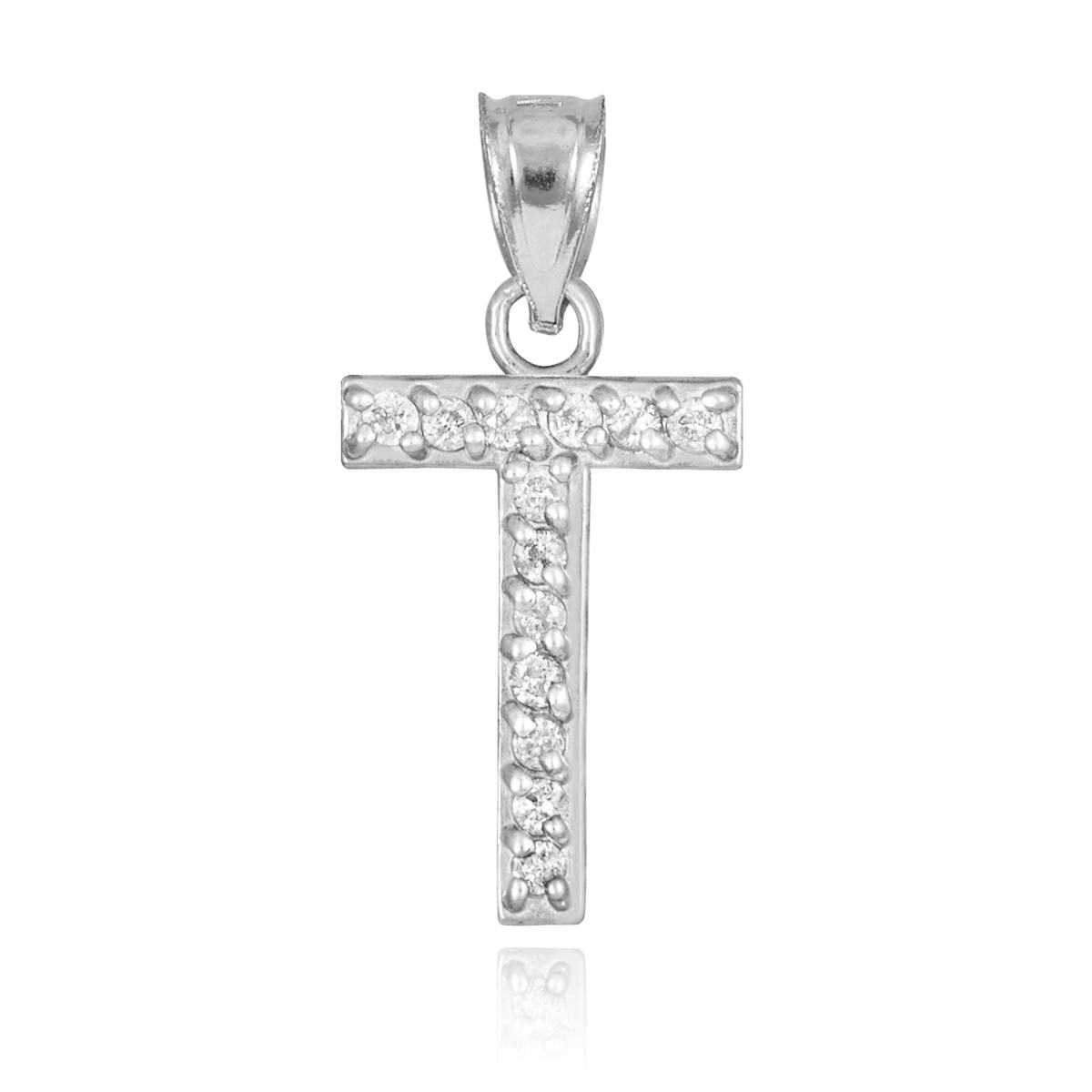 White Gold Letter "T" Diamond Initial Pendant Necklace
