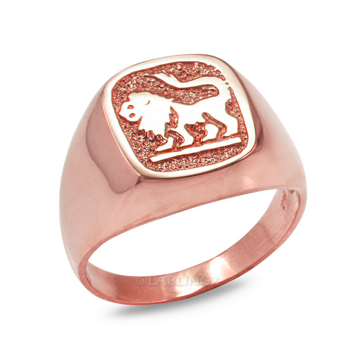 Polished Rose Gold Leo (Lion) Men's Zodiac Sign Ring