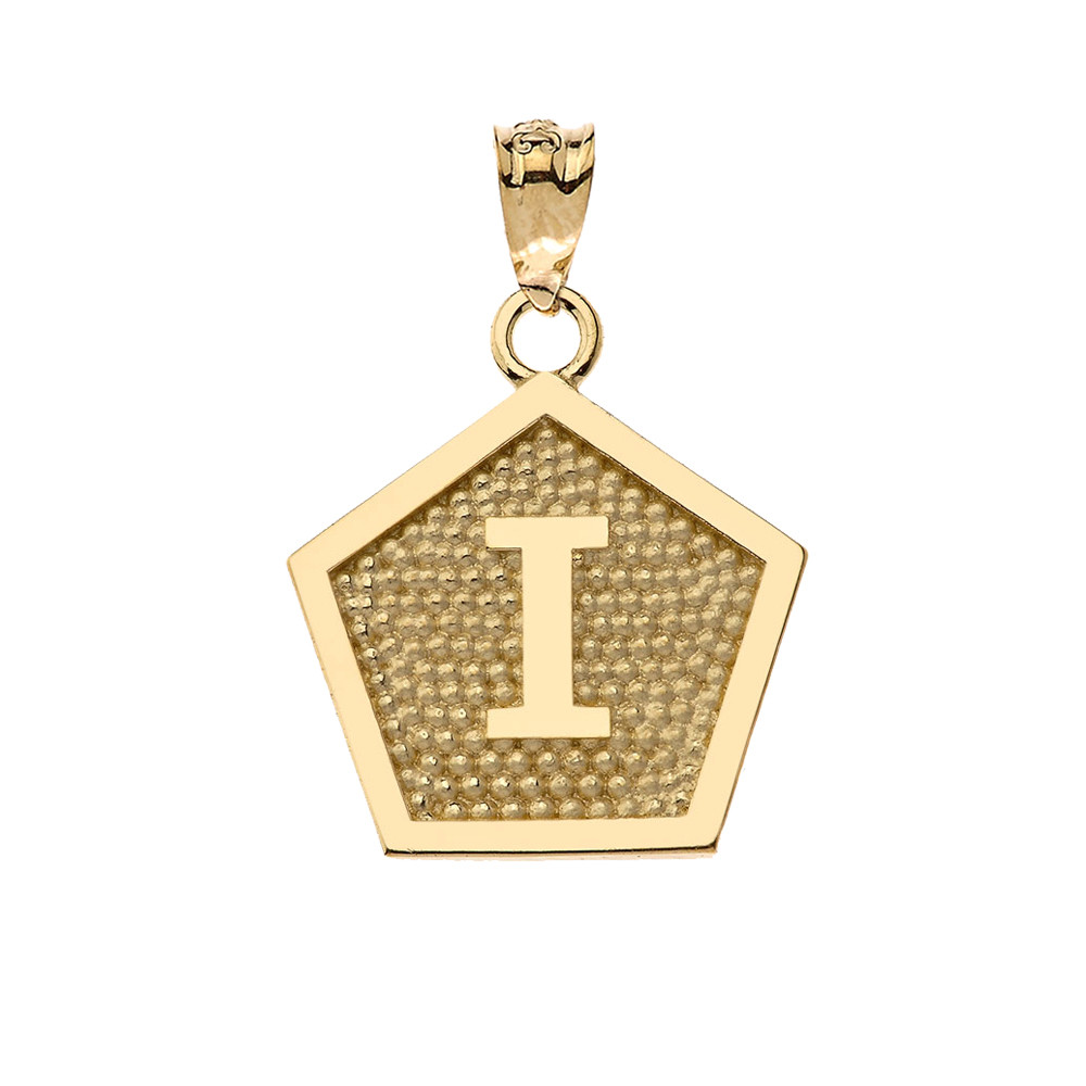 Yellow Gold Letter "I" Initial Pentagon Pendant Necklace