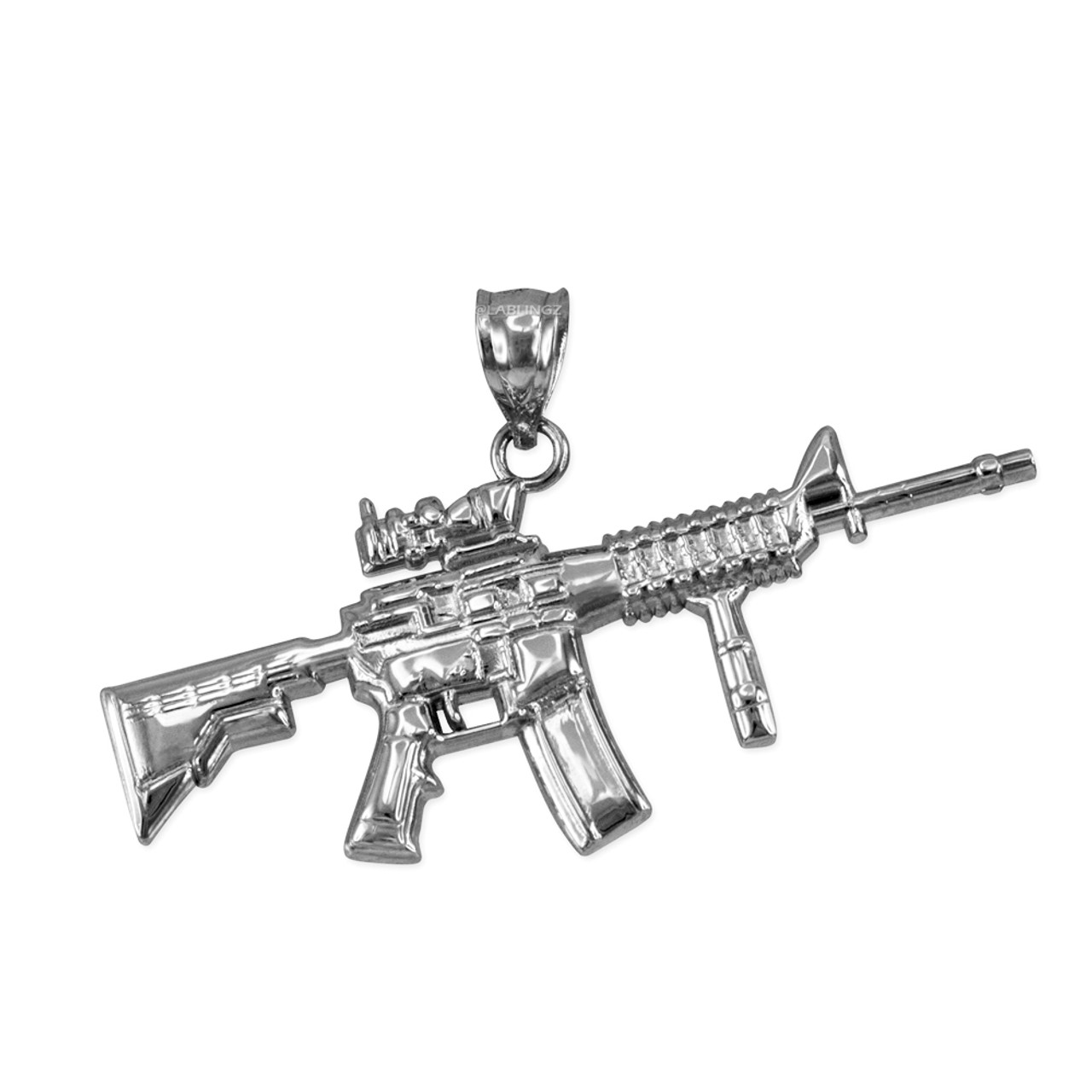 Sterling Silver Assault Rifle Gun Pendant Necklace