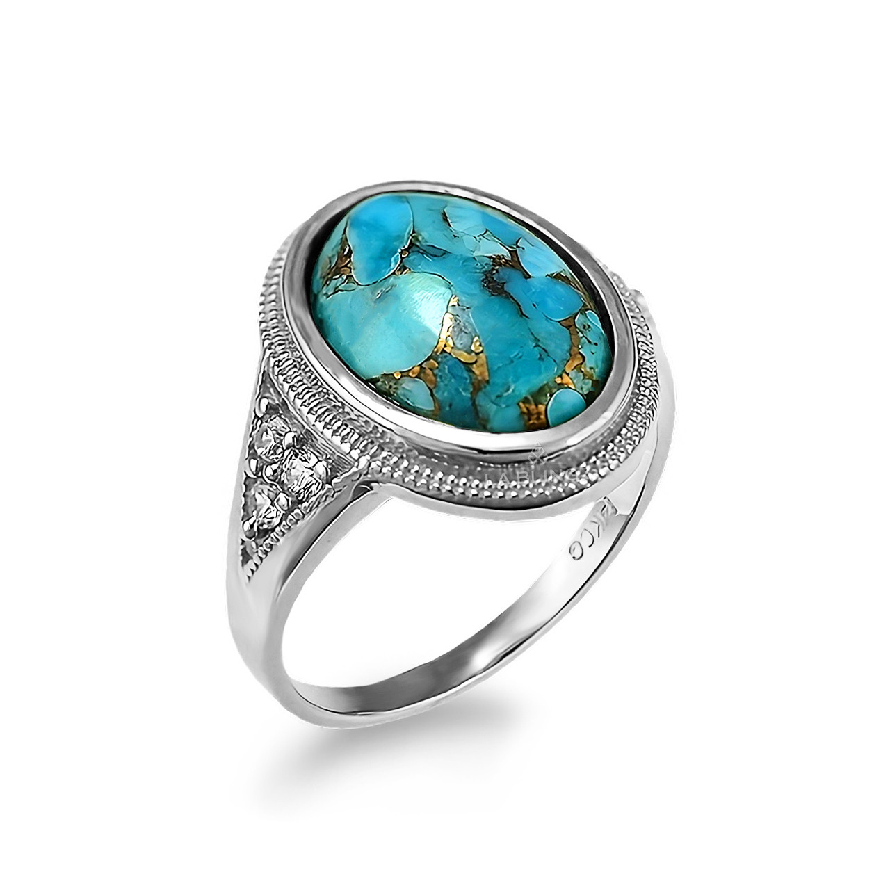 Blue Copper Turquoise Oval Cabochon Sterling Silver CZ Gemstone Ring