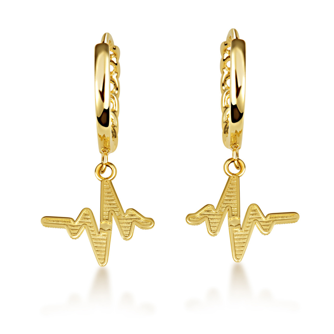 Yellow Gold Heartbeat Pulse Milgrain Cuban Link Huggie Earrings