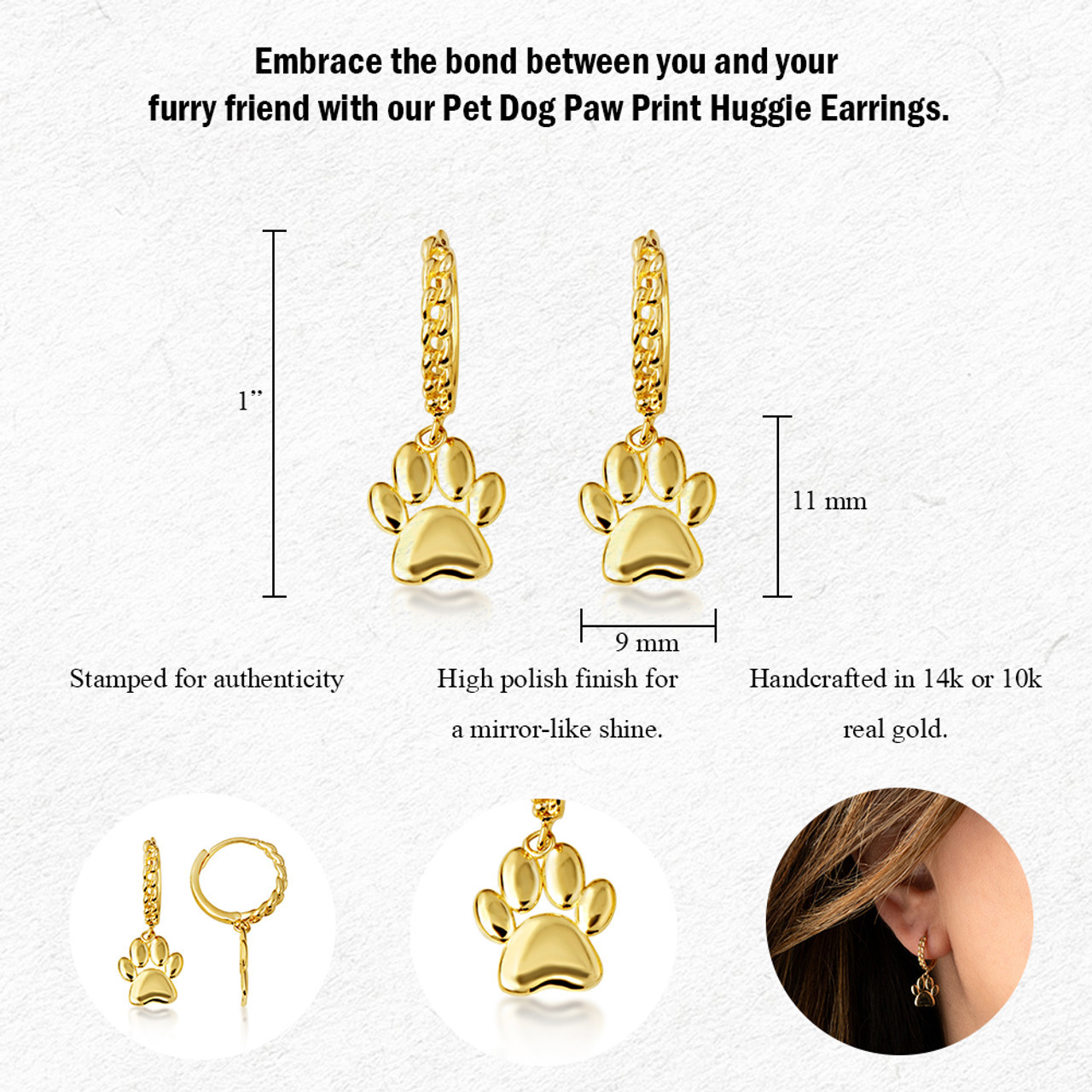 Yellow Gold Pet Dog Paw Print Cuban Link Huggie Earrings