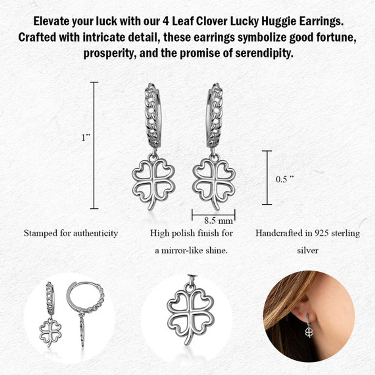 .925 Sterling Silver 4 Leaf Clover Lucky Cuban Link Huggie Earrings