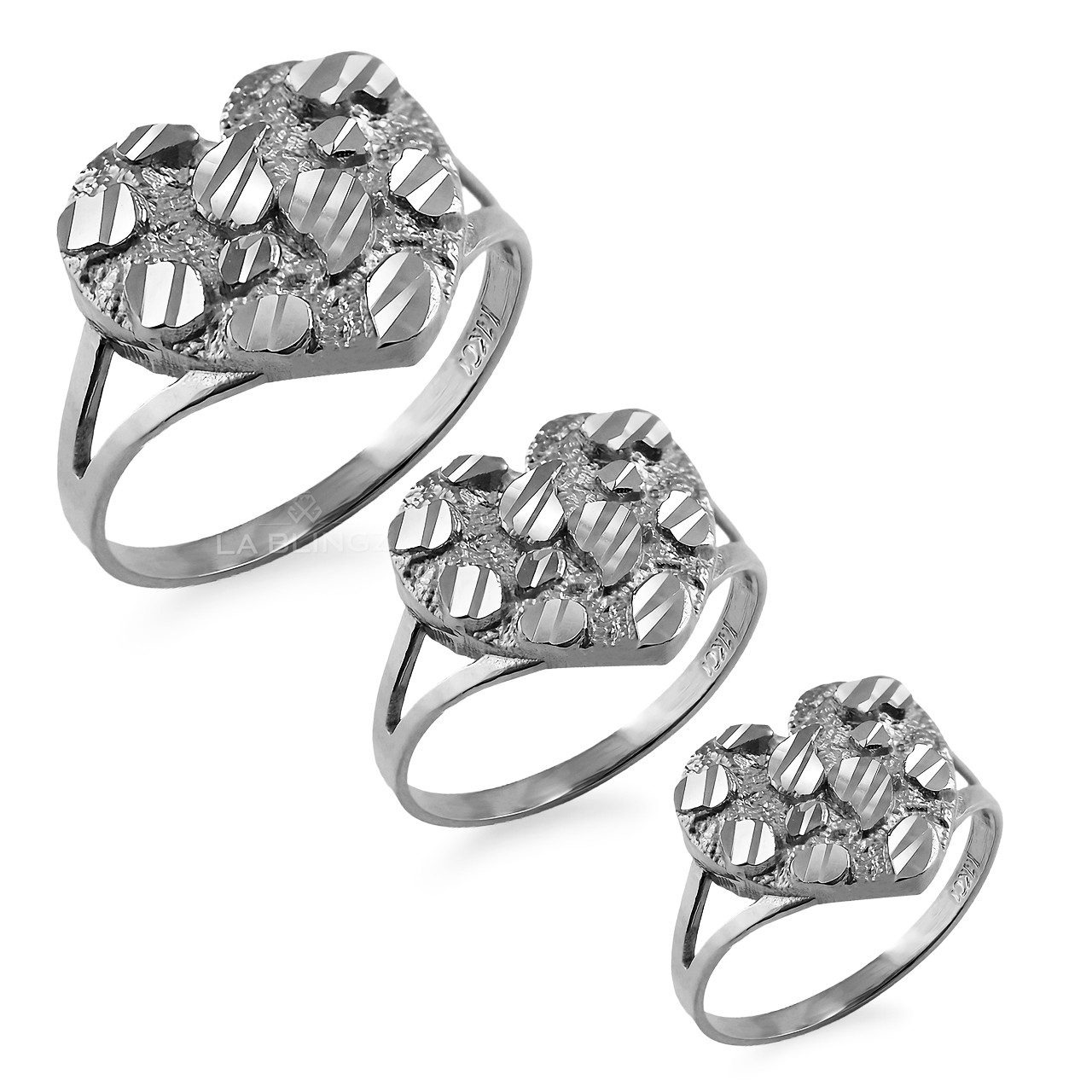 White Gold Nugget Sparkle Cut Heart Ring Small Medium Large