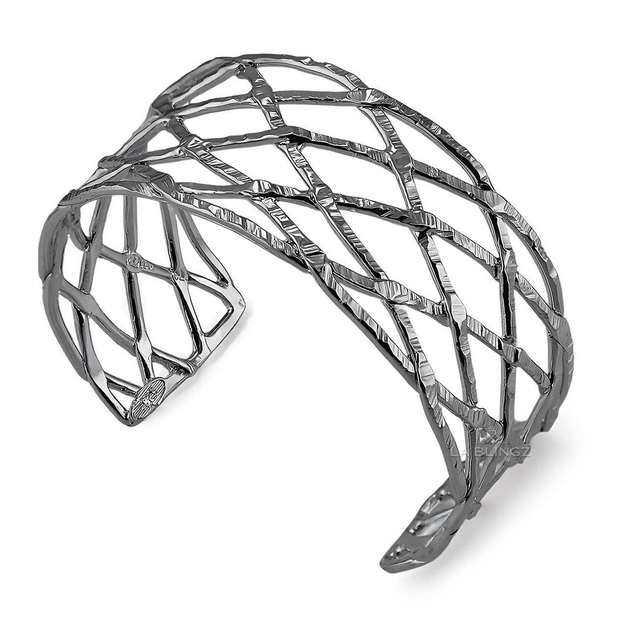 Sterling Silver Openwork Hammered Lattice Cuff Bracelet for Men and Women