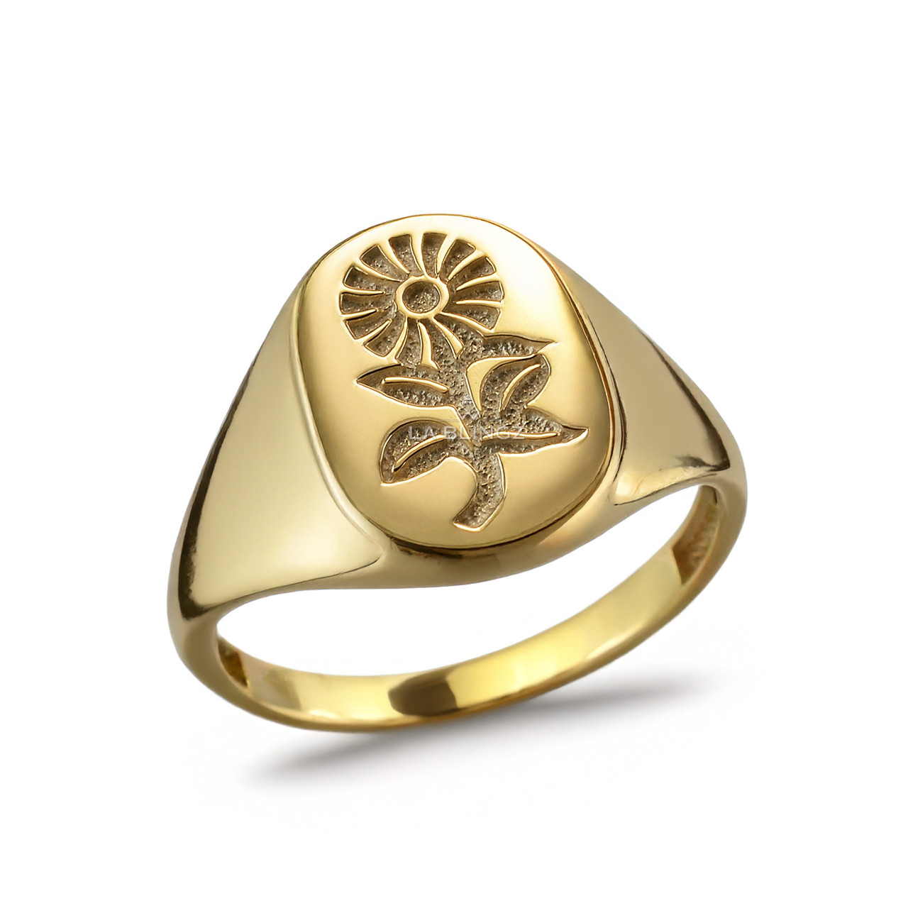 Polished Gold Oval Sunflower Signet Ring for Women – Engraved Floral Design