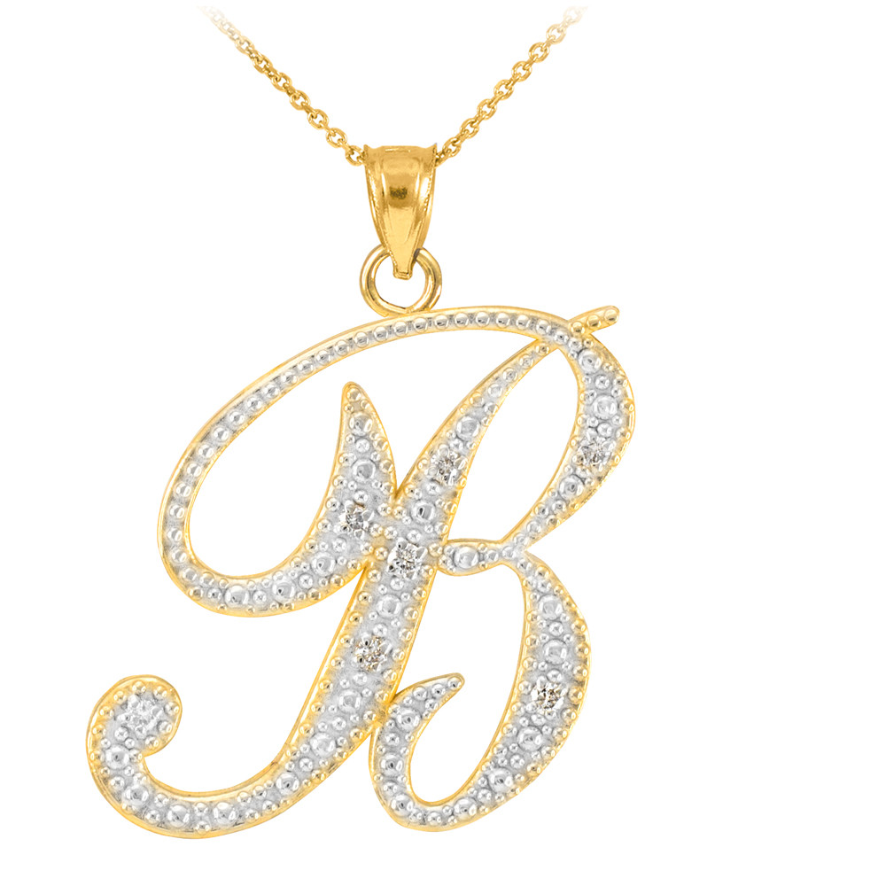 14k Gold Cursive "B" Initial Diamond Pendant Necklace