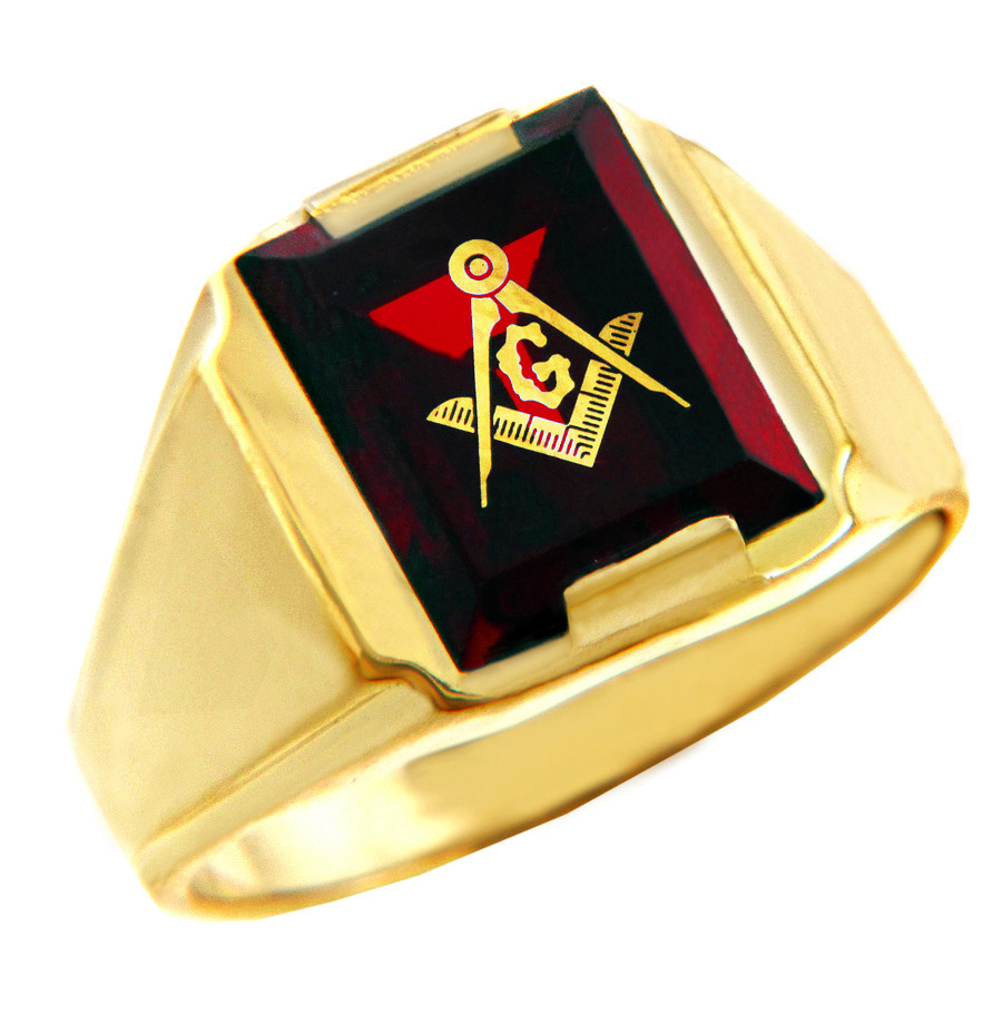 Men's Masonic Red Stone Square and Compass Gold Ring