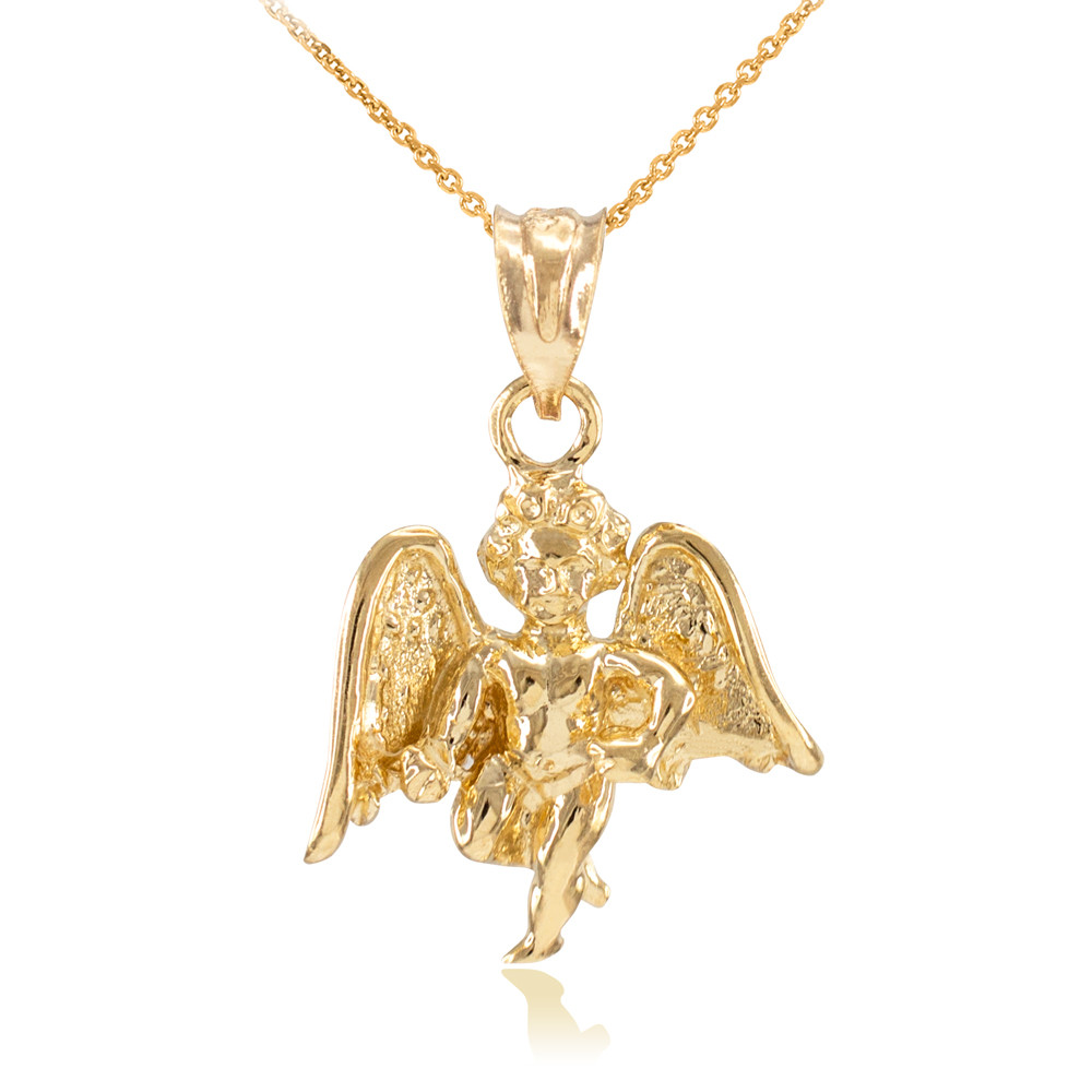 Solid Yellow Gold Guardian Angel Pendant Necklace