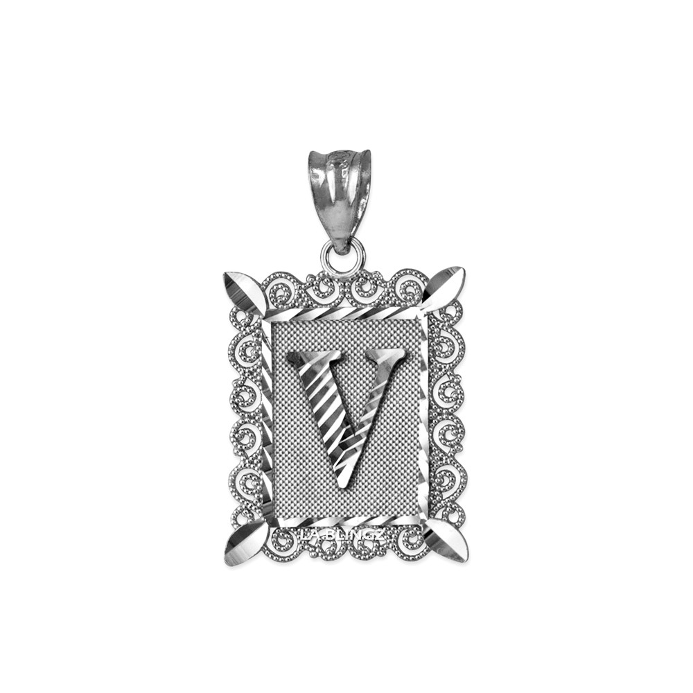 Sterling Silver Filigree Alphabet Initial Letter "V" DC Pendant Necklace