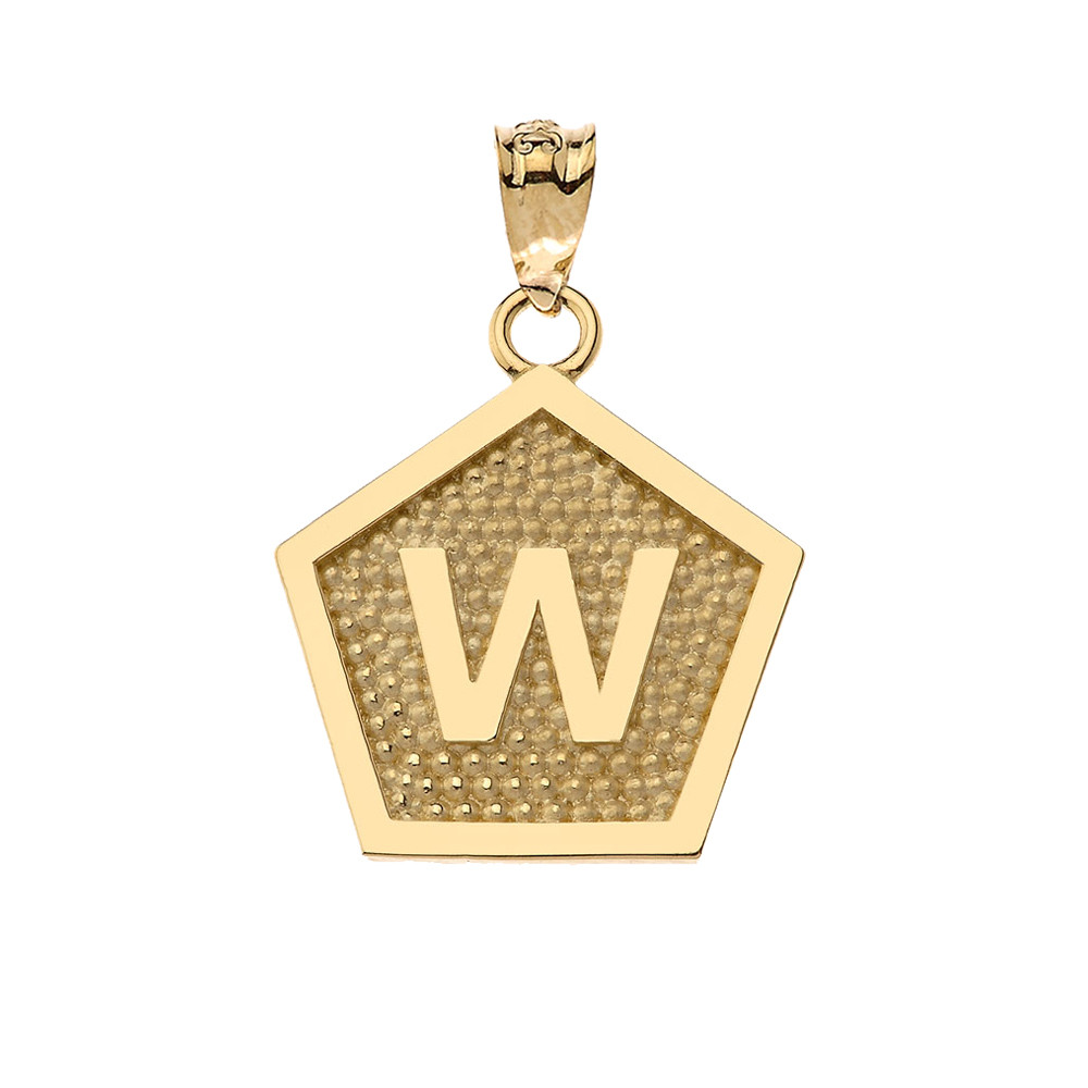 Yellow Gold Letter "W" Initial Pentagon Pendant Necklace
