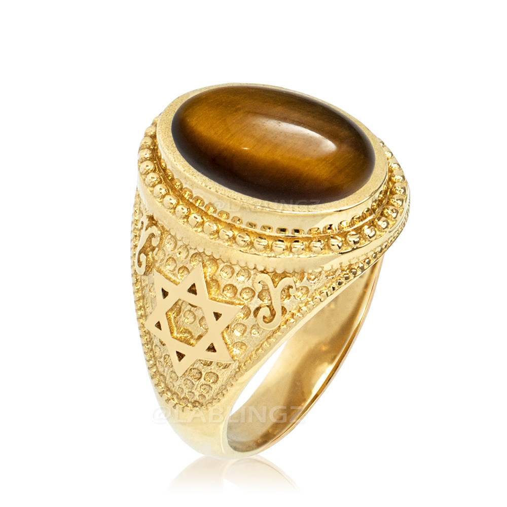 Gold Star of David Tiger Eye Gemstone Jewish Statement Ring