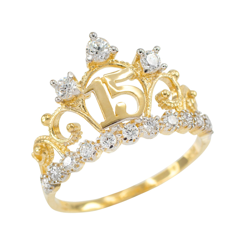 Yellow Gold Quinceanera 15 Anos CZ Crown Ring