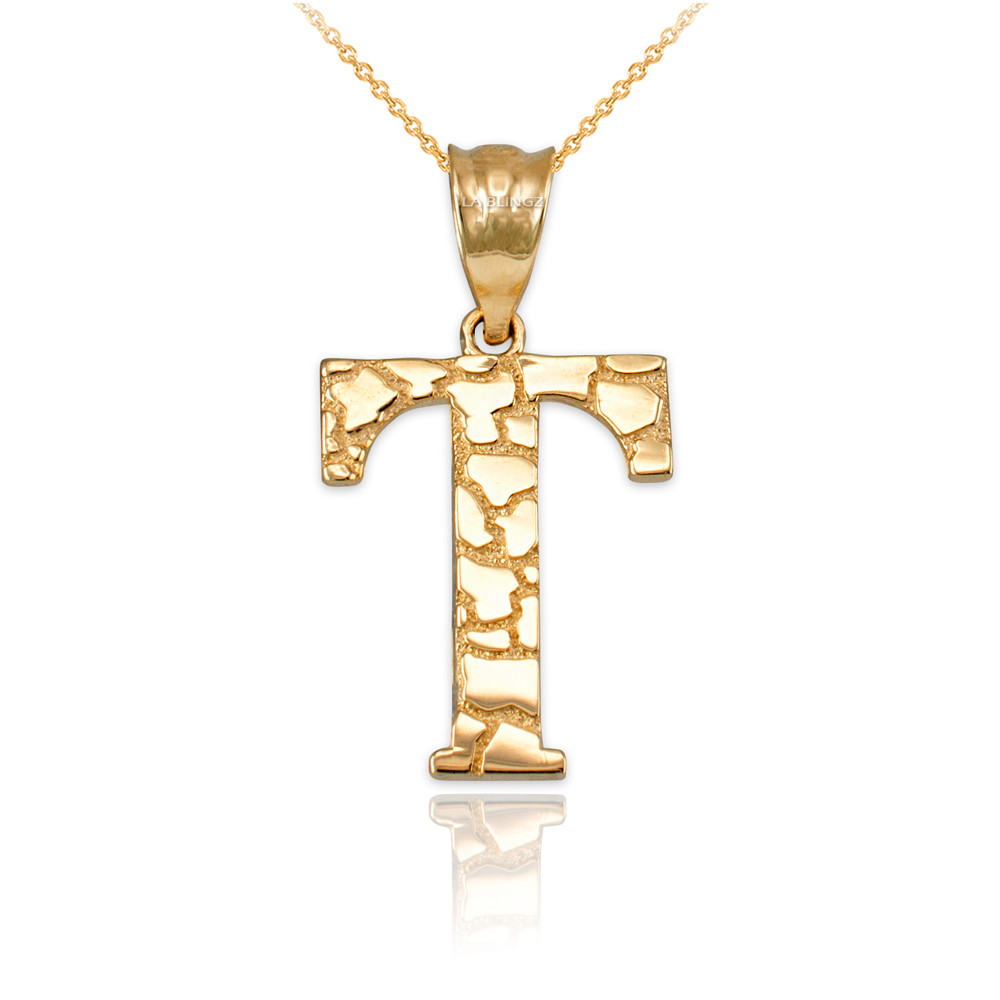 Yellow Gold Nugget Initial Letter "T" Pendant Necklace