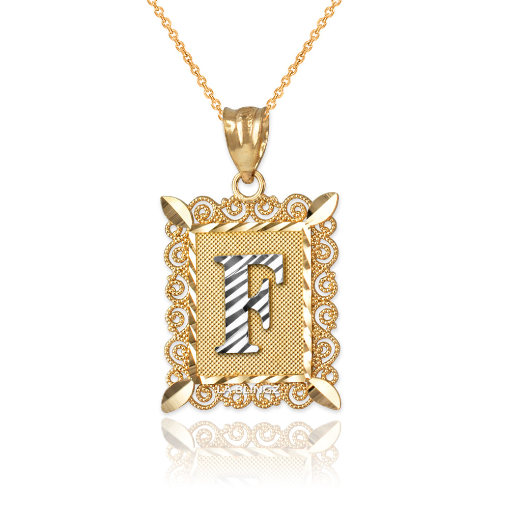 Two-tone Gold Filigree Alphabet Initial Letter "F" DC Pendant Necklace