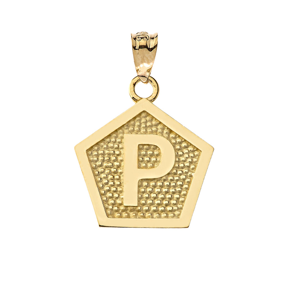 Yellow Gold Letter "P" Initial Pentagon Pendant Necklace