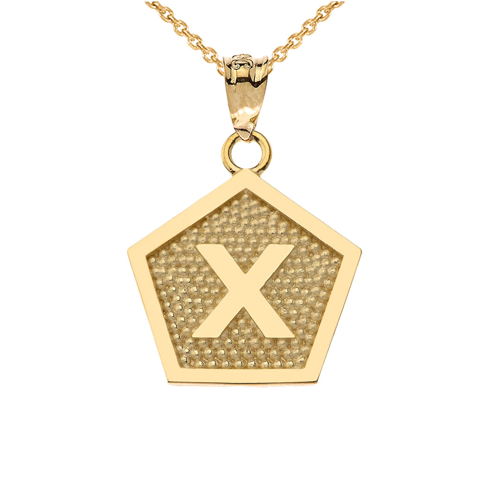 Yellow Gold Letter "X" Initial Pentagon Pendant Necklace