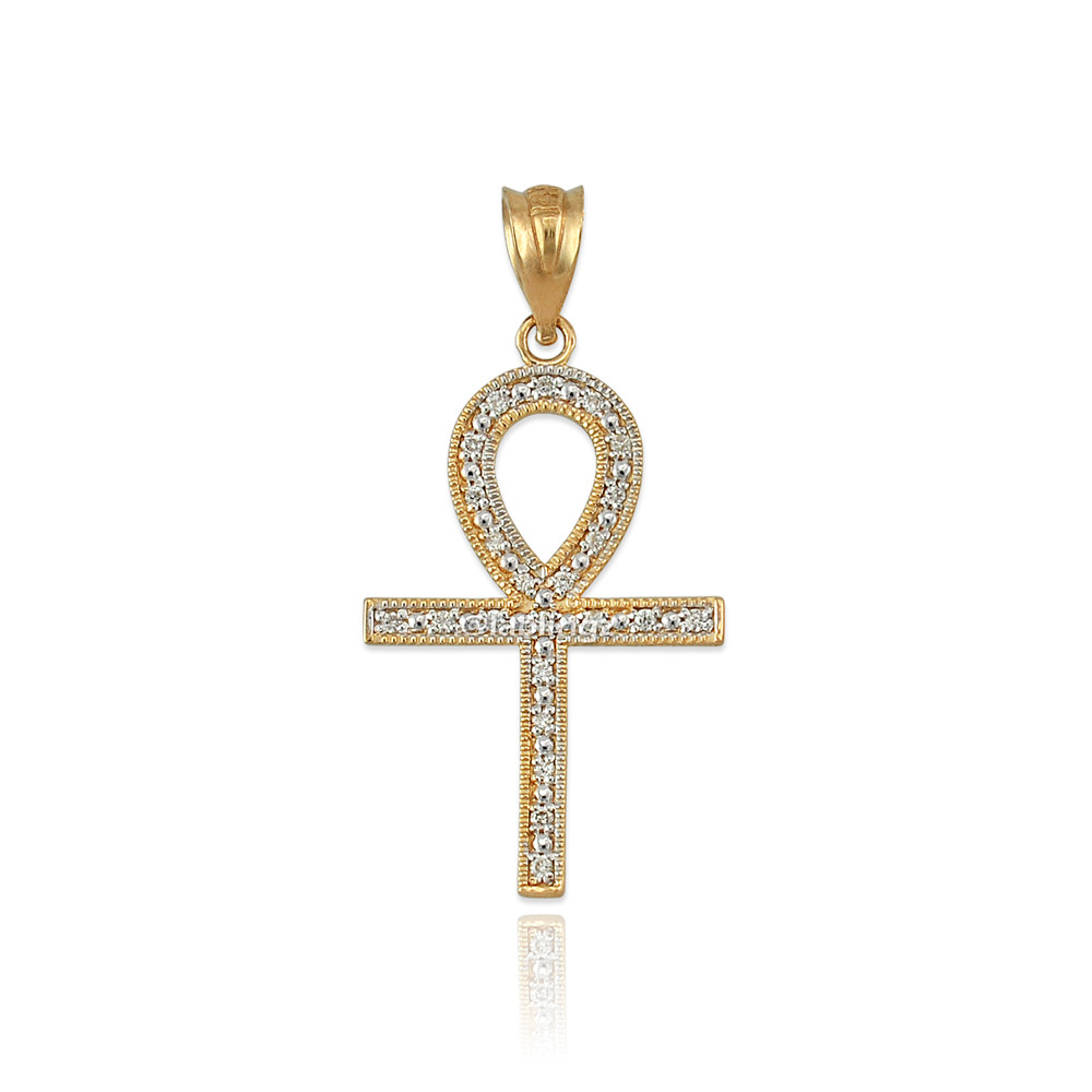Yellow Gold Egyptian Ankh Cross Diamond Pendant Necklace