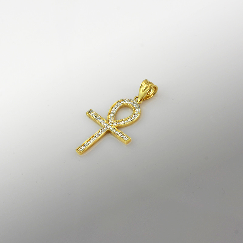 Yellow Gold Egyptian Ankh Cross Diamond Pendant Necklace