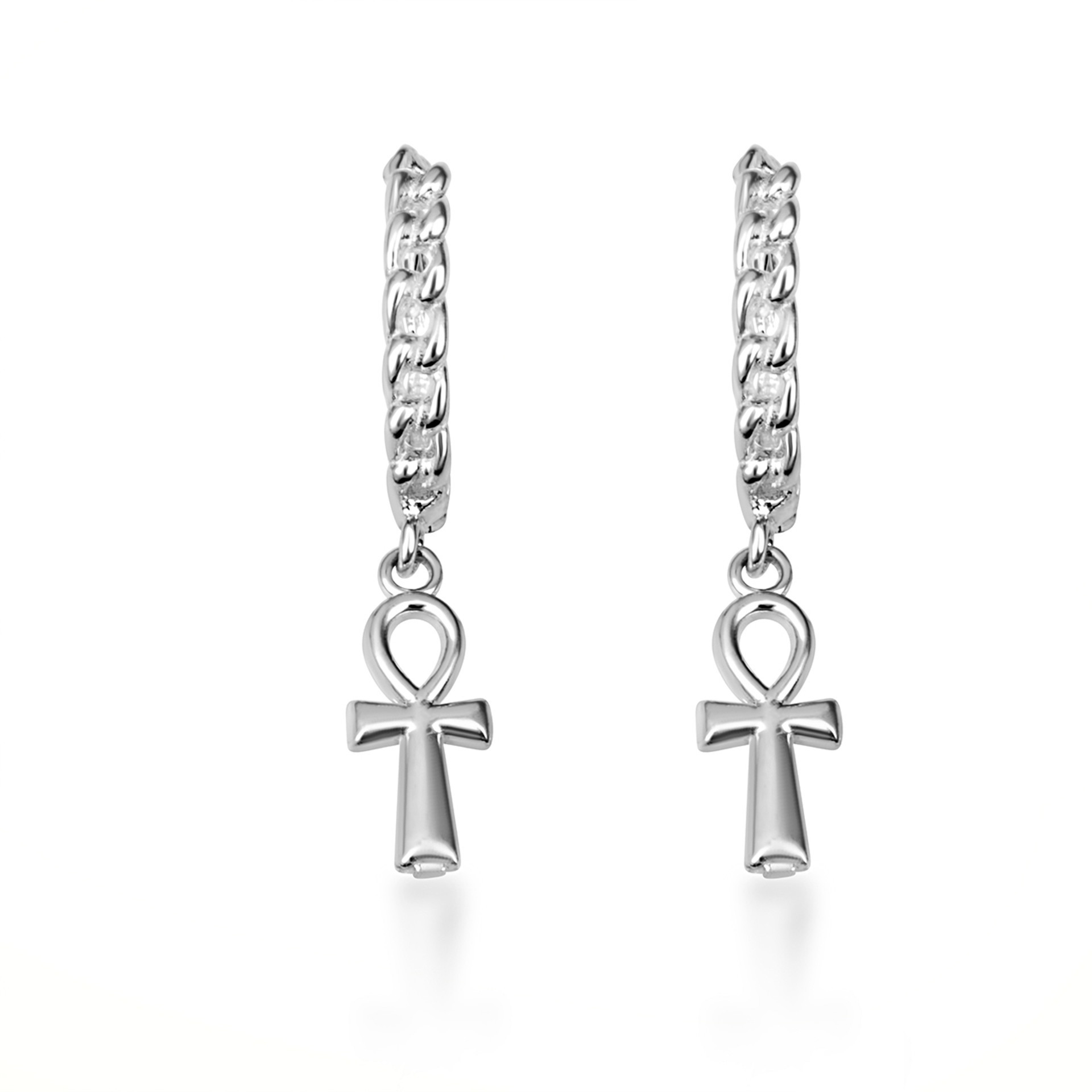 .925 Sterling Silver Egyptian Ankh Cuban Link Huggie Earrings