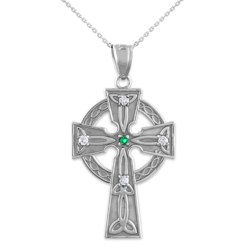 Sterling Silver Celtic Trinity Diamond Cross Pendant with Emerald