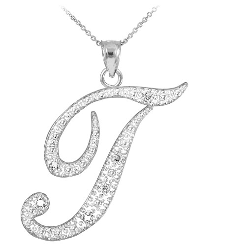 14k White Gold Letter Script "E" Diamond Initial Pendant Necklace