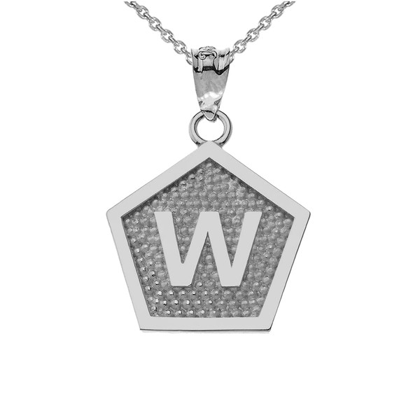 White Gold Letter "W" Initial Pentagon Pendant Necklace