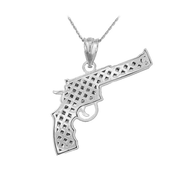 Revolver Pistol Gun Pendant Necklace in White Gold