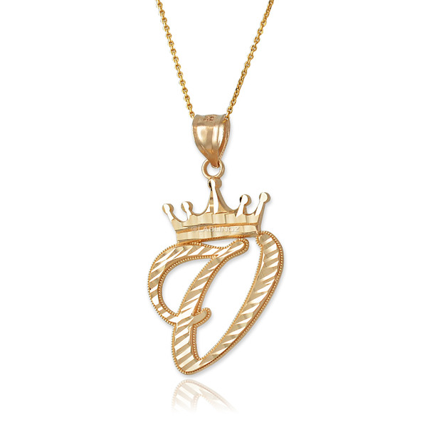 Yellow Gold Cursive Crown Letter Initial Pendant Necklace (A-Z)