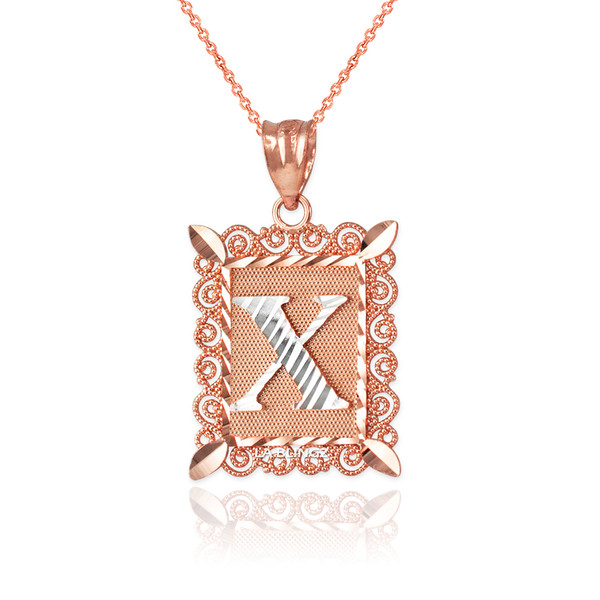 Two-tone Rose Gold Filigree Alphabet Initial Letter "X" DC Pendant Necklace