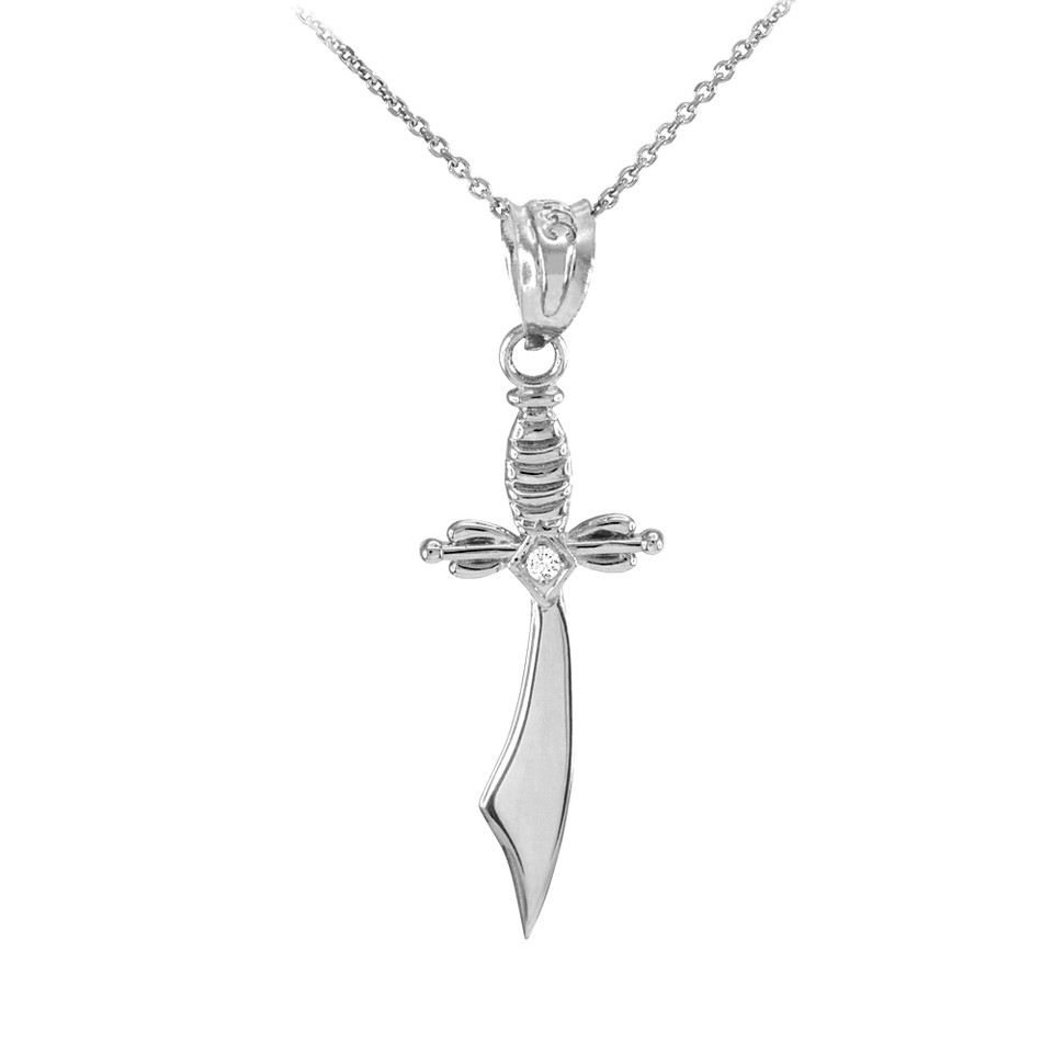White Gold Scimitar Sword Diamond Pendant Necklace