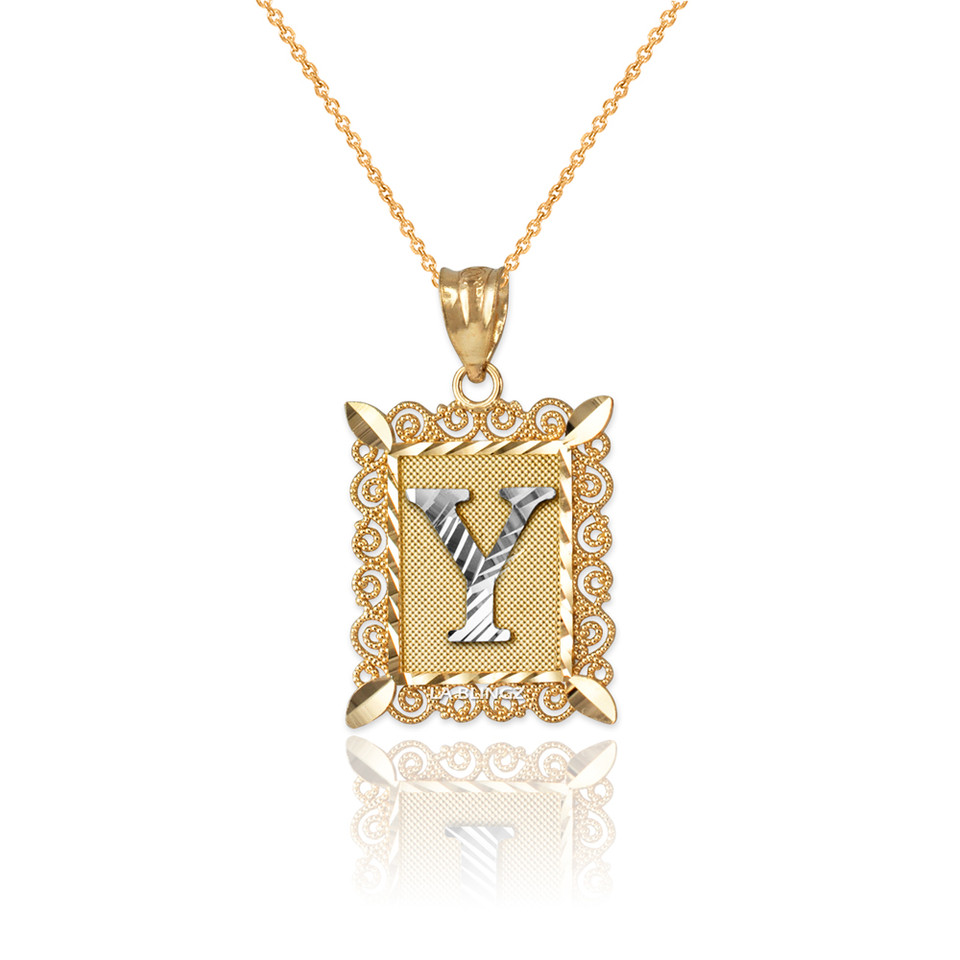 Two-tone Gold Filigree Alphabet Initial Letter "Y" DC Charm Necklace