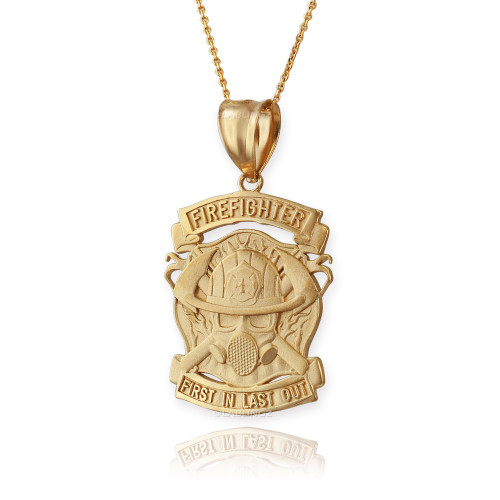 Gold Fire Rescue Firefighter Solid Badge Pendant Necklace