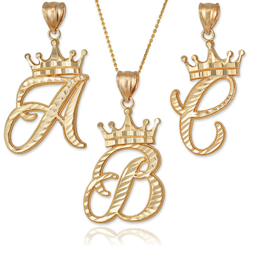 Yellow Gold Cursive Crown Letter Initial Pendant Necklace (A-Z)