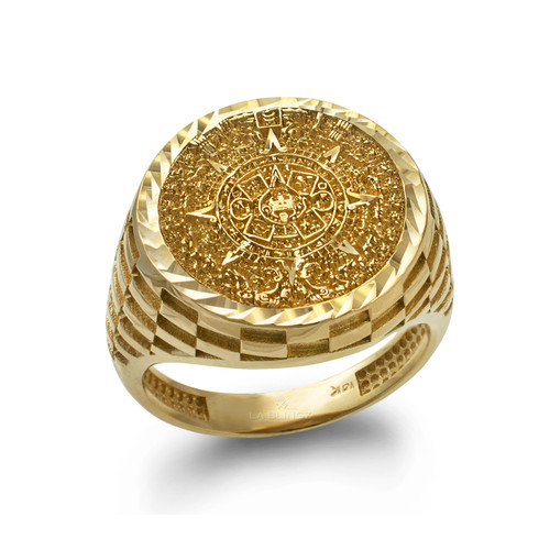 Gold Aztec Mayan Sun Calendar Sparkle Cut Signet Ring | Unisex ...